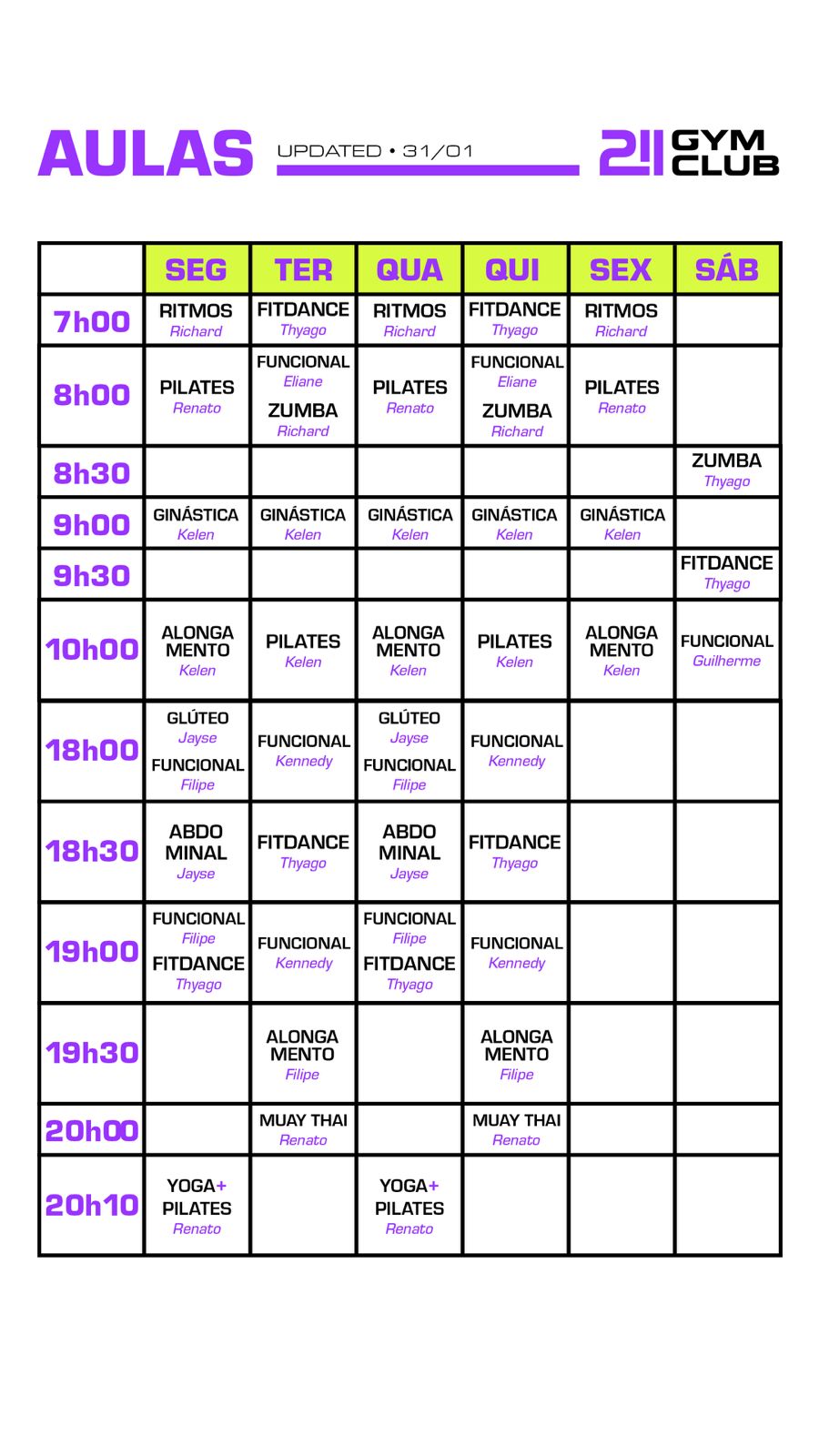 Horários - 211 Gym Club